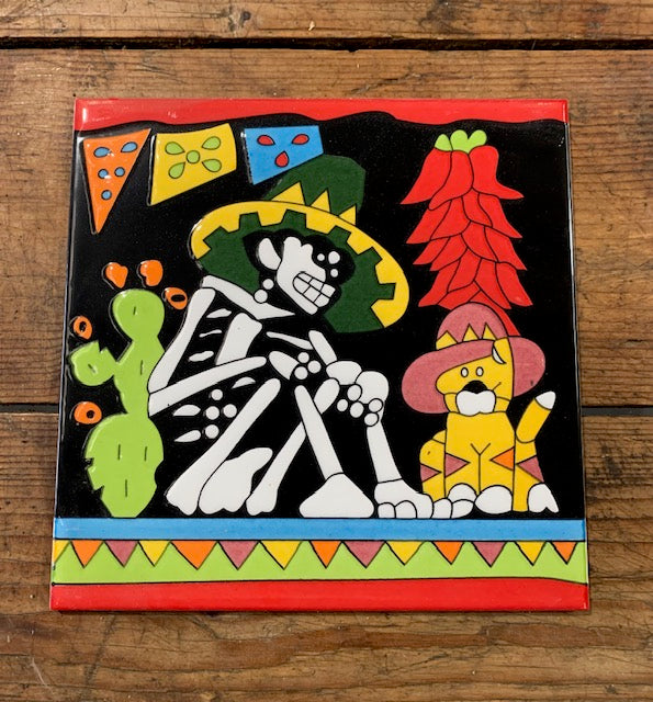 Glazed Ceramic Skeleton Motive Tile "Waiting with a Friend" # 4951 ...