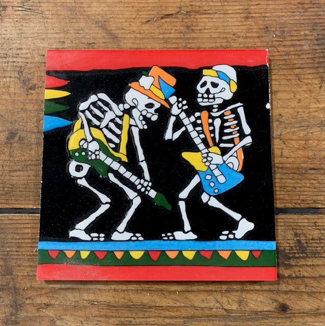 Glazed Ceramic Skeleton Motive Tile "Rocking the Guitars" # 4954 ...